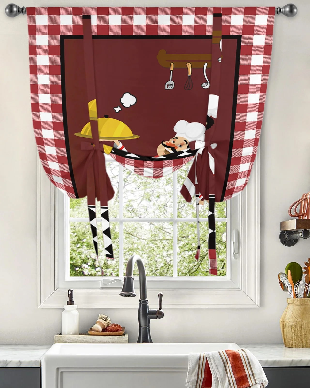 Red Plaid Chef Knife And Fork Window Curtain Tie Up Curtains for ...