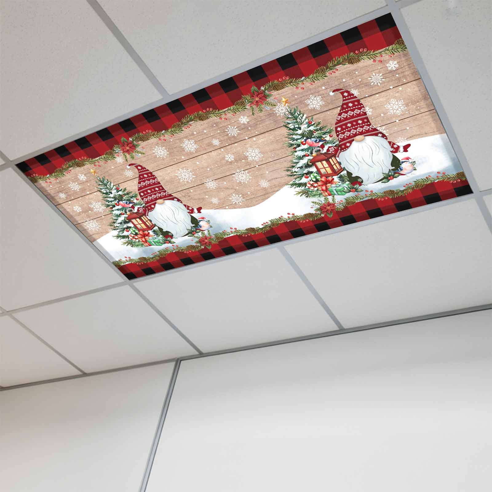 Red Plaid Christmas Fluorescent Light Covers, Gnomes Snowflake Xmas ...