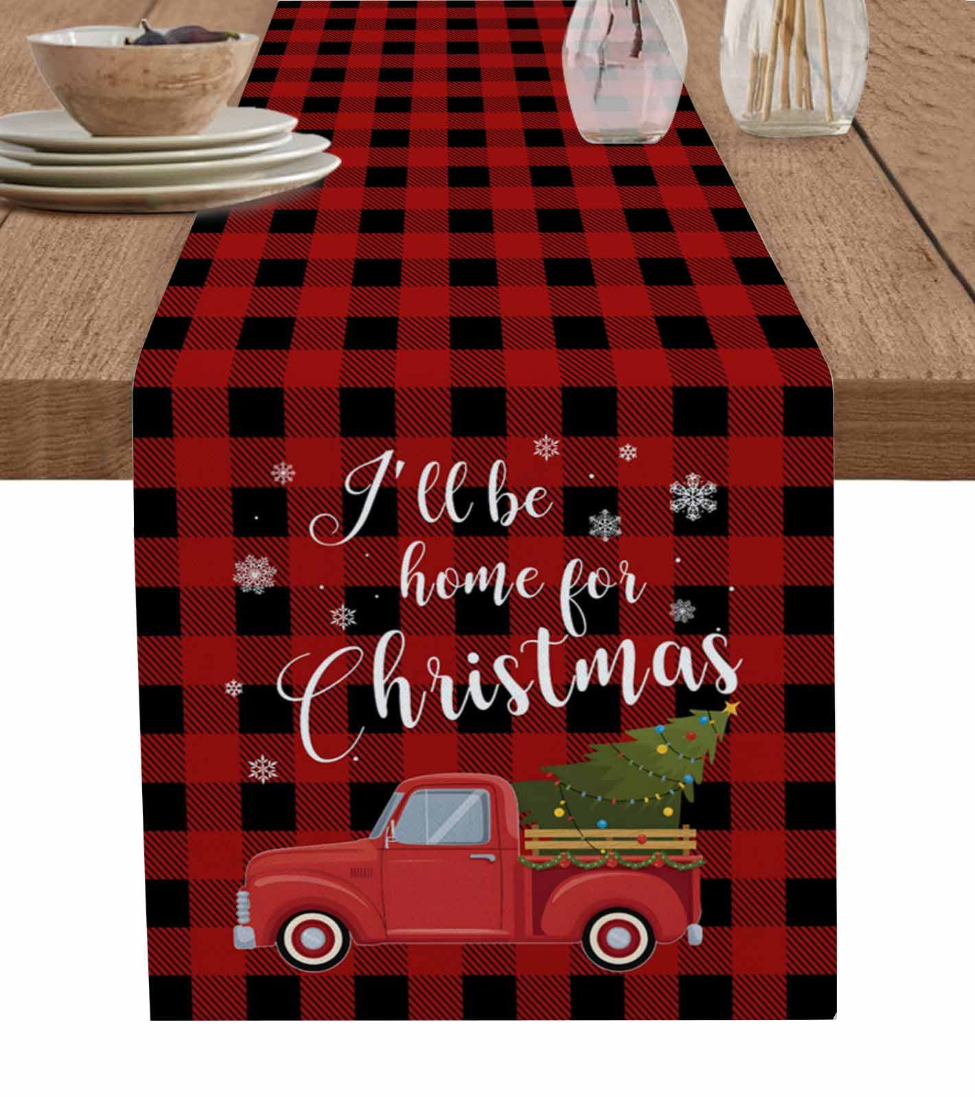 Red Plaid Christmas Table Runner 72 Inches, Truck Xmas Tree Snowflake ...