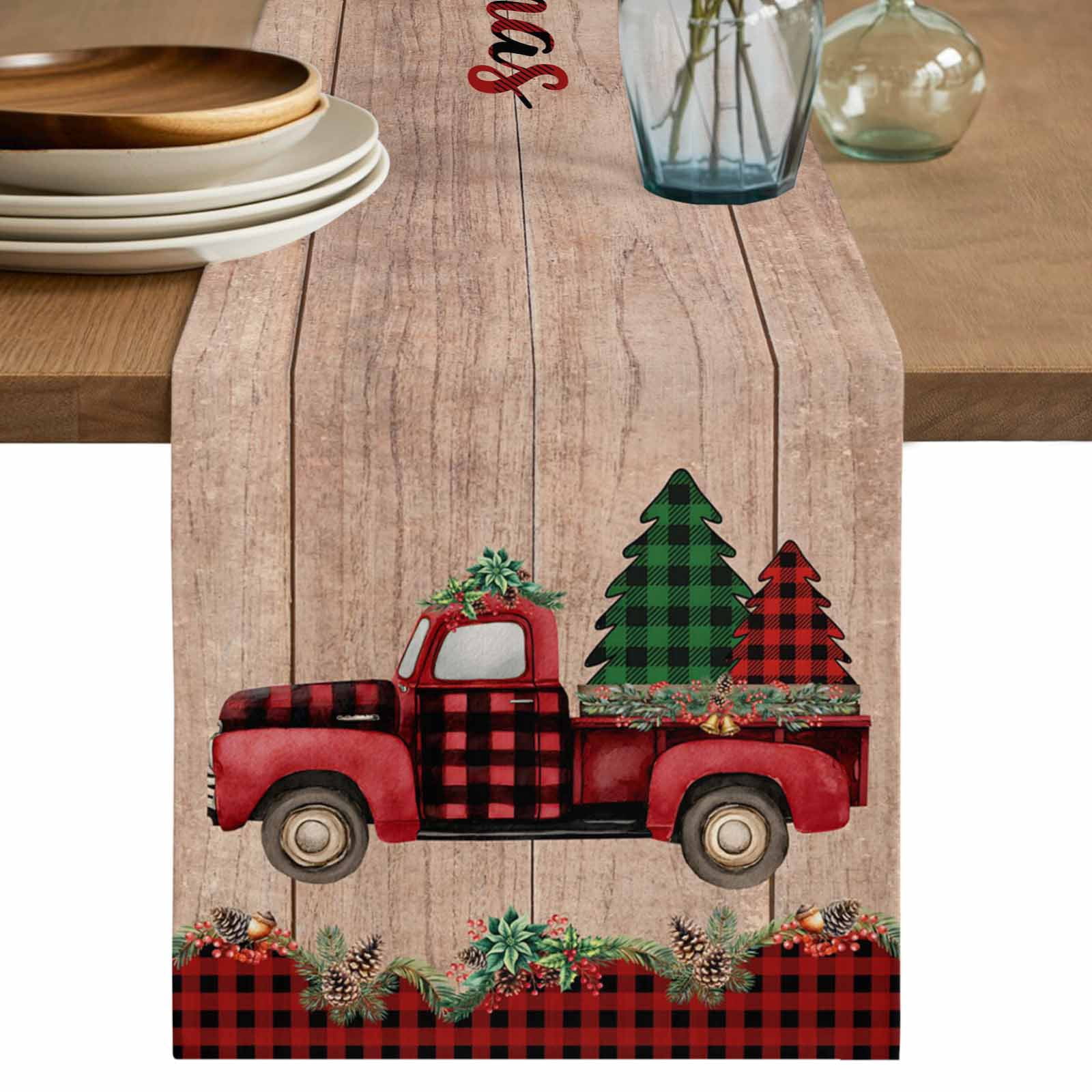 Red Plaid Christmas Table Runner 72 Inches, Truck Xmas Tree Vintage ...