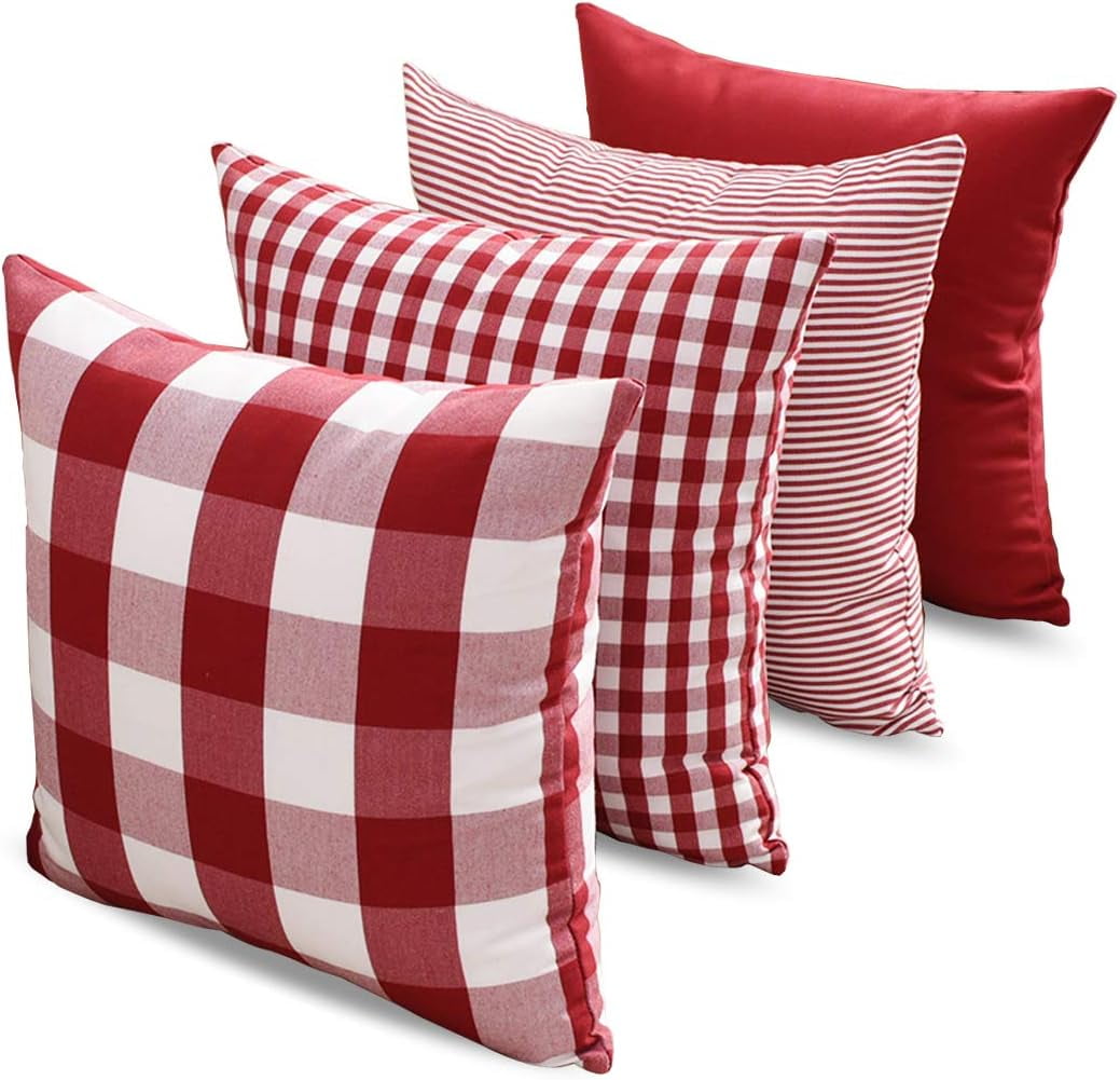 Red Plaid Decorative Throw Pillow Covers 20x20 Set of 4, Burgundy Red ...