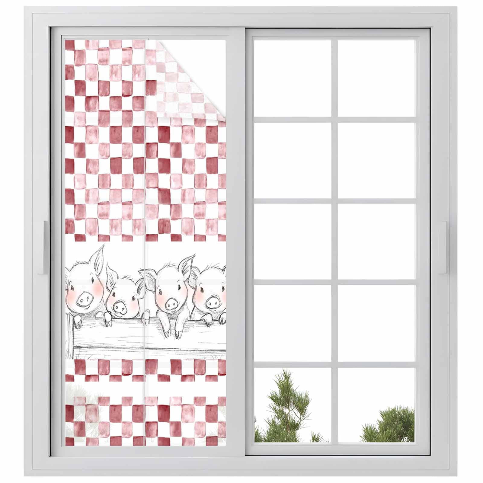 Red Plaid Farmhouse Window Privacy Film, Watercolor Cute Country Pigs ...