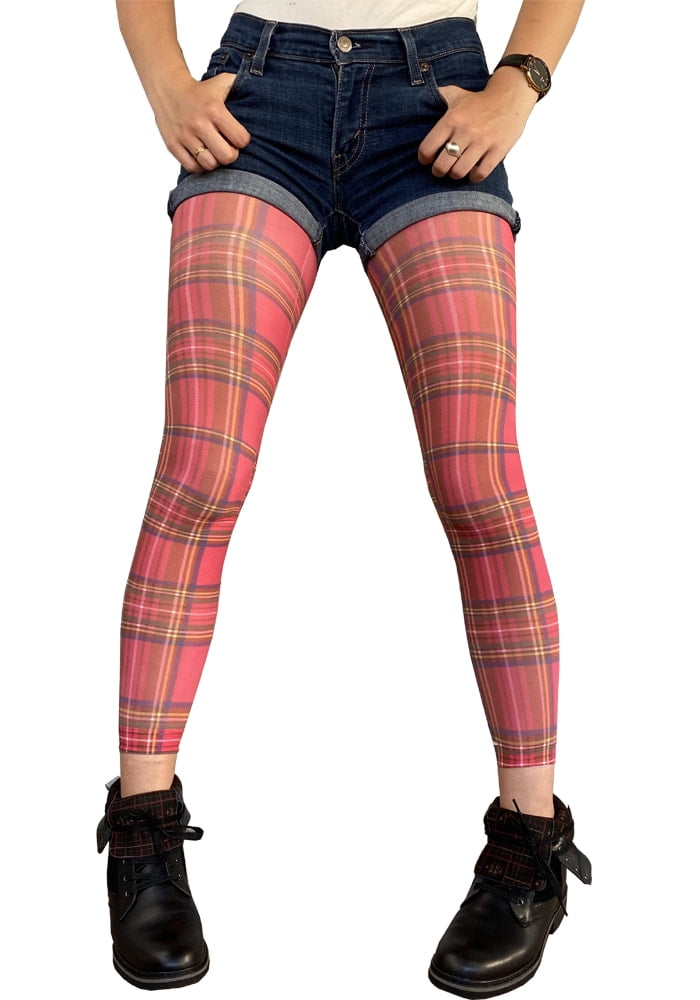 Red Plaid Opaque Patterned Footless Tights for Women Malka Chic - Walmart.com