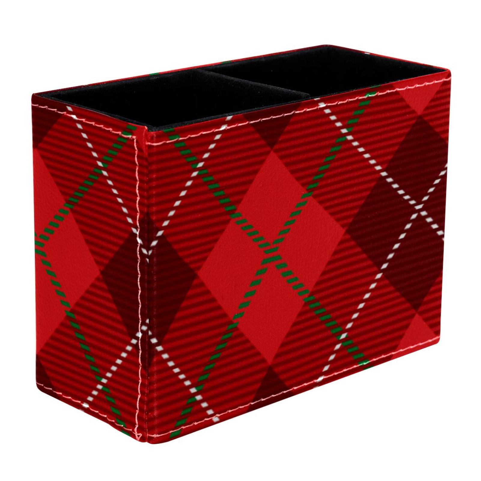 Red Plaid Pattern PVC Leather Brush Holder and Pen Organizer - Dual ...