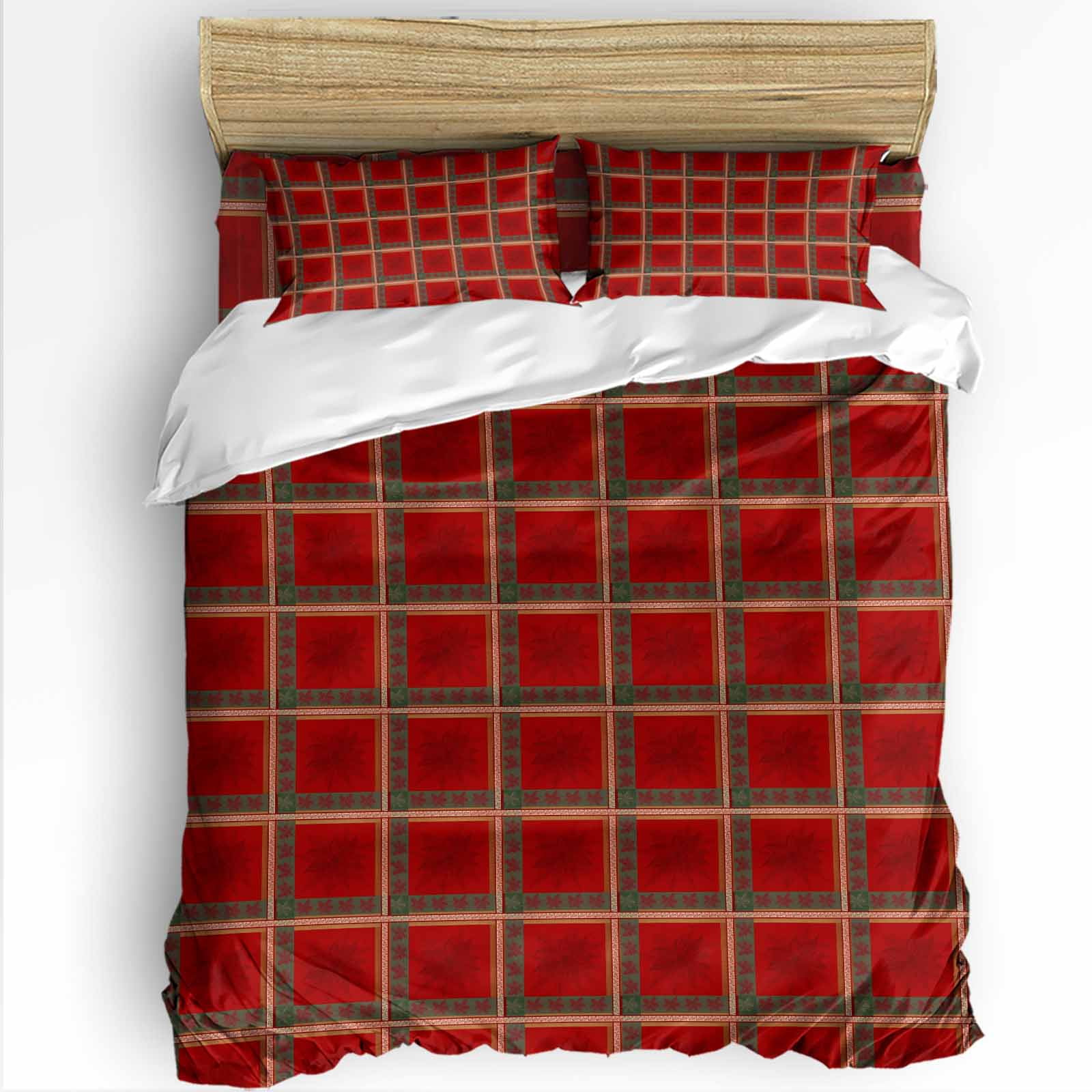 Red Plaid Queen Size Comforter Set, Vintage Christmas Abstract Art ...