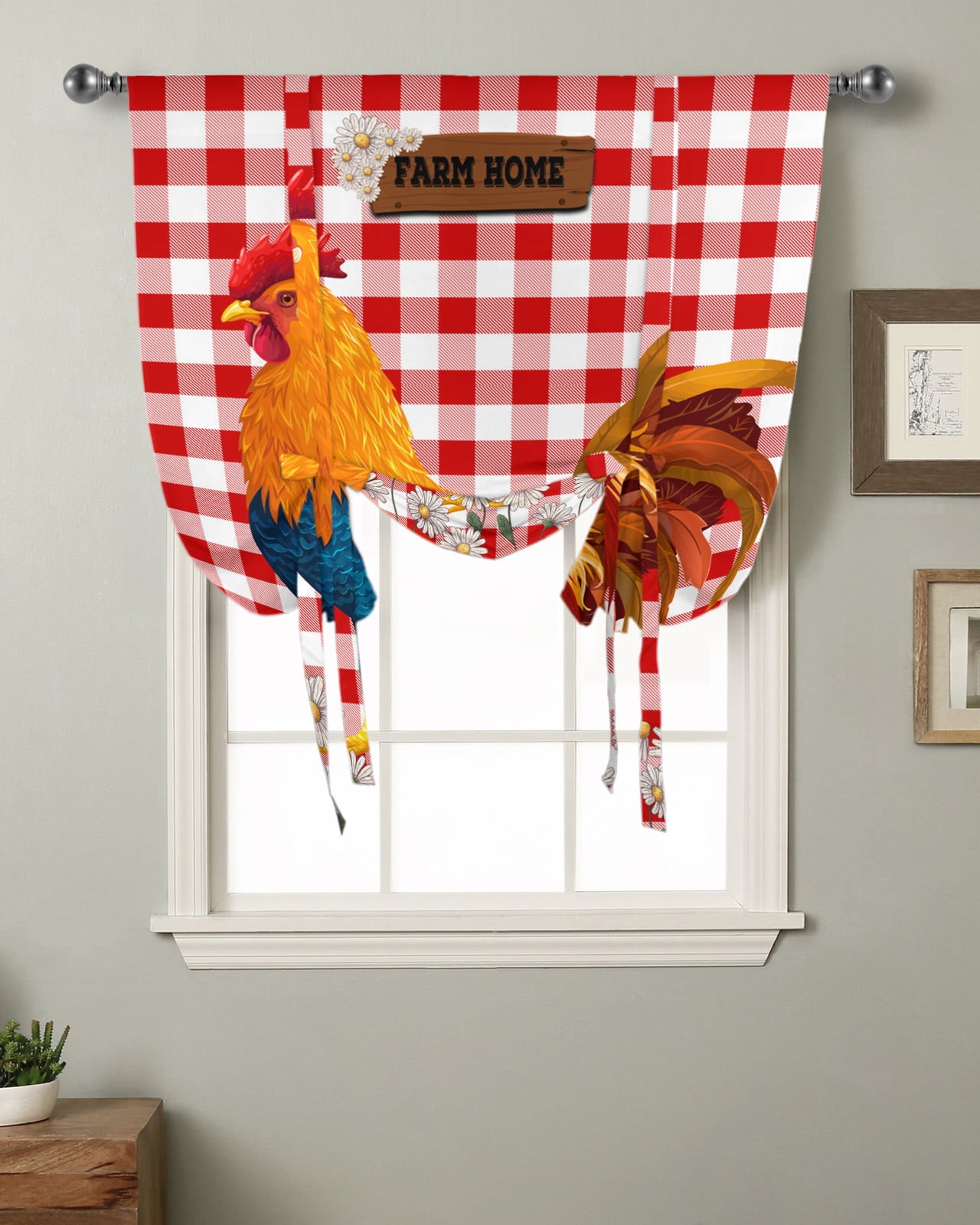 Red Plaid Rooster Farm Kitchen Short Window Curtain Rod Pocket Curtains ...