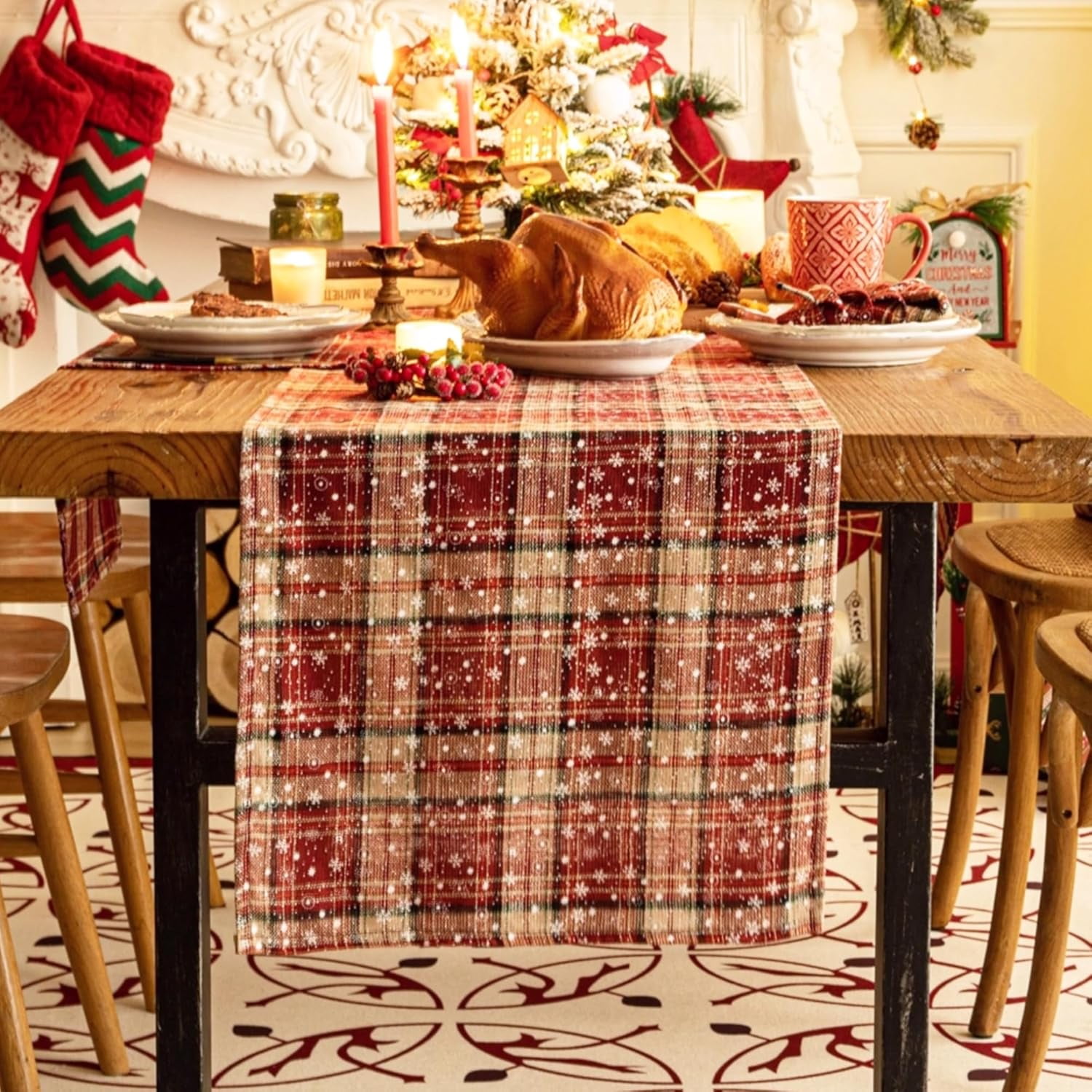 Red Plaid Snowflake Christmas Table Runner, Winter Holiday Table ...