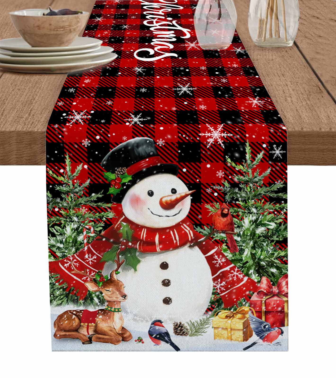 Red Plaid Snowman Christmas Burlap-Cotton Table Runner 48 Inches Long ...