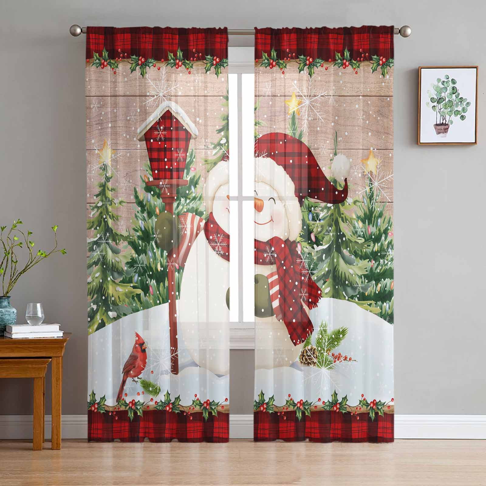 Red Plaid Snowman Christmas Sheer Curtains 72 Inches Long 2 Panels Set ...