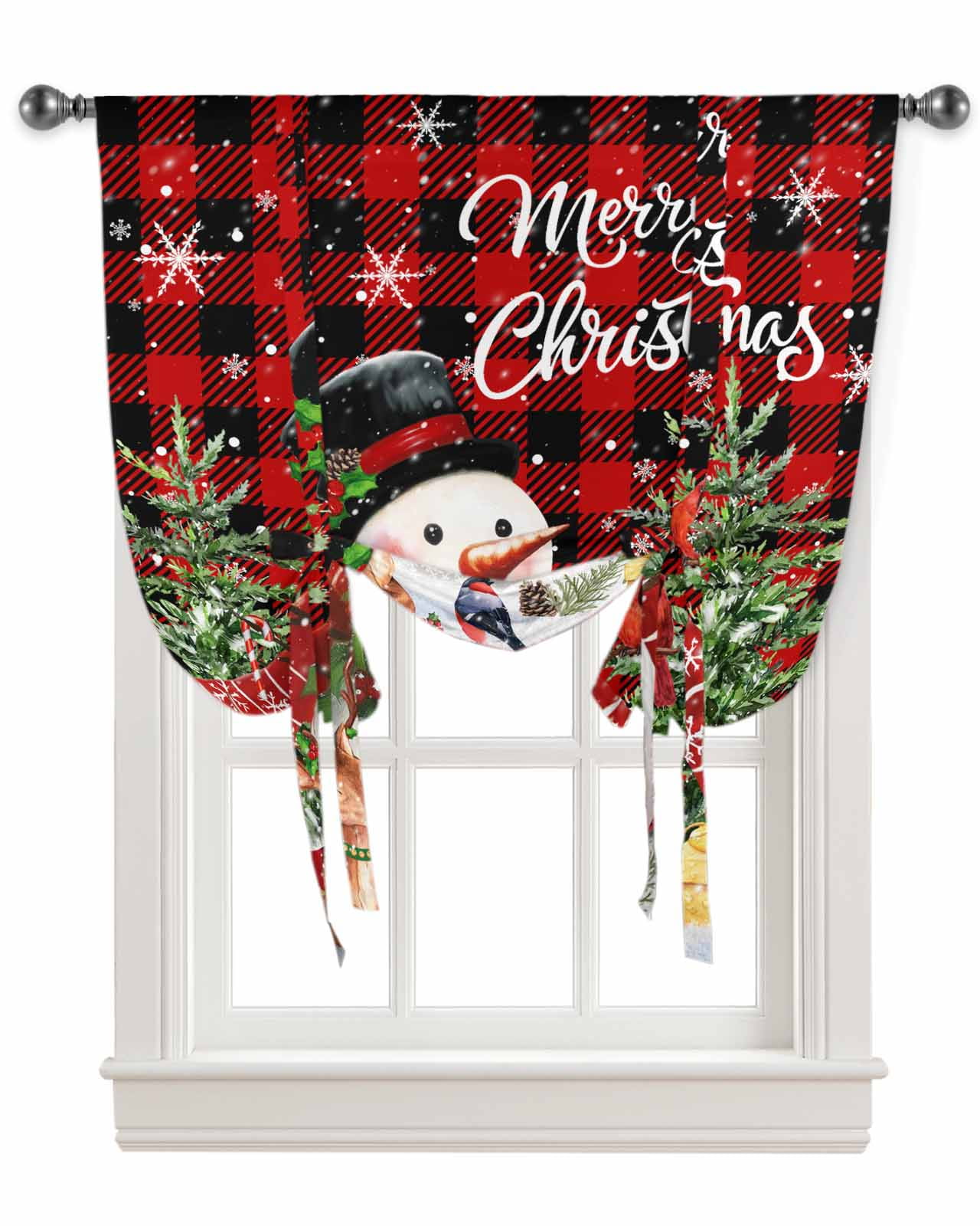 Red Plaid Snowman Christmas Tie Up Curtains for Window, Tree Elk Xmas Snowflake Thermal Insulted ...