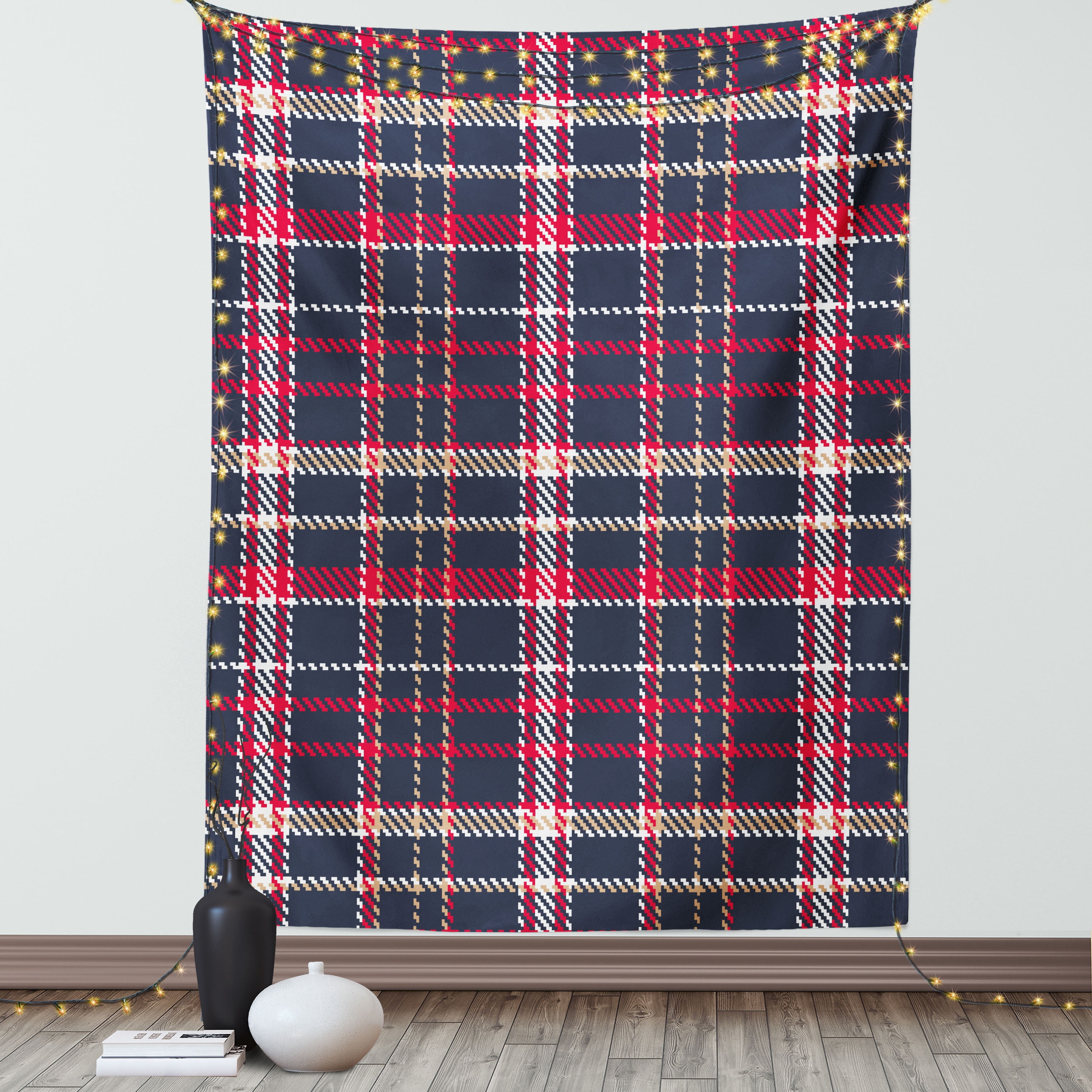 Red Plaid Tapestry, Classic Quilt Checkerboard Pattern with Pixel Art ...