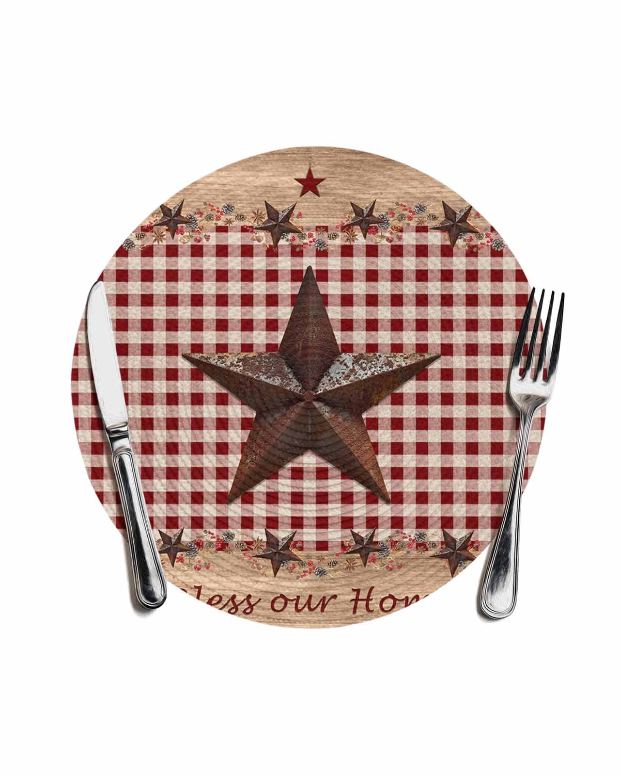 Red Plaid Vintage Country Star Round Table Placemats 1 pc, Farmhouse ...