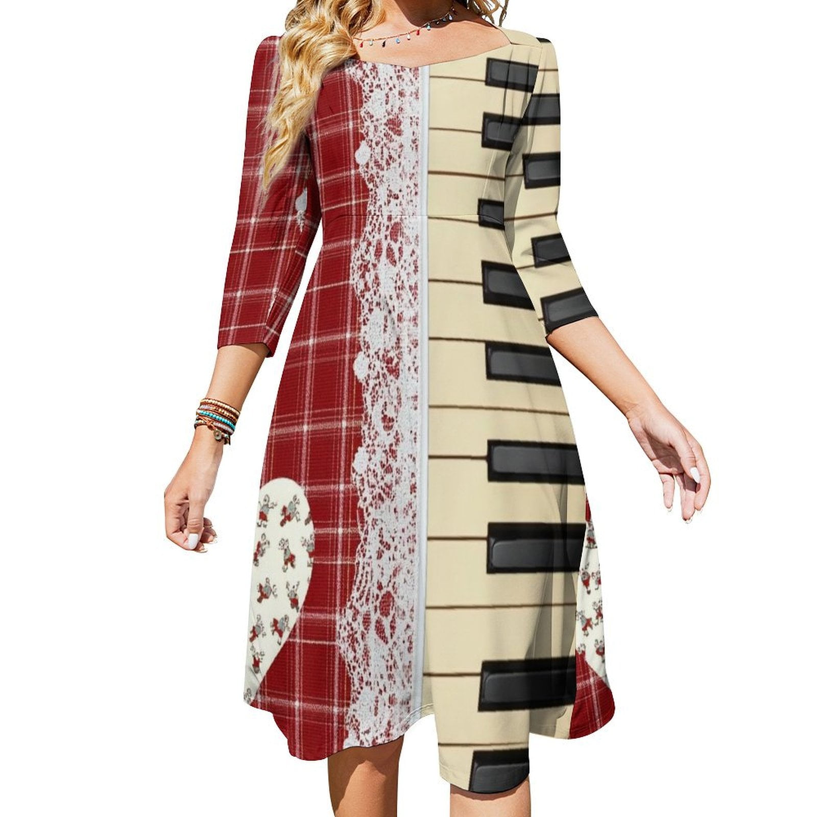 Red Plaid with Lace And Piano Keys-2 Women's 3/4 Sleeve Dresses Elegant ...