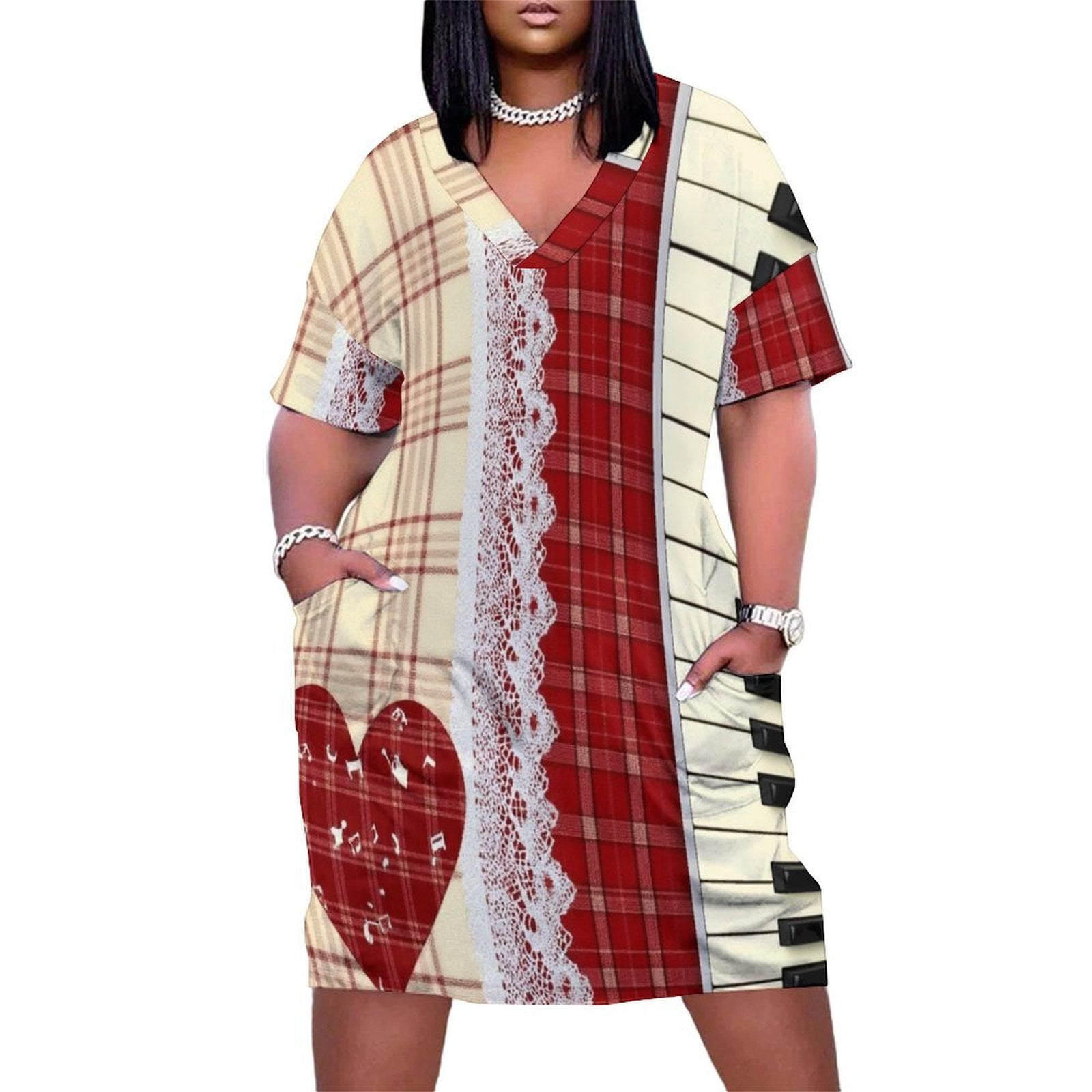 Red Plaid with Lace And Piano Keys Loose Pocket Dress Dresses Summer ...