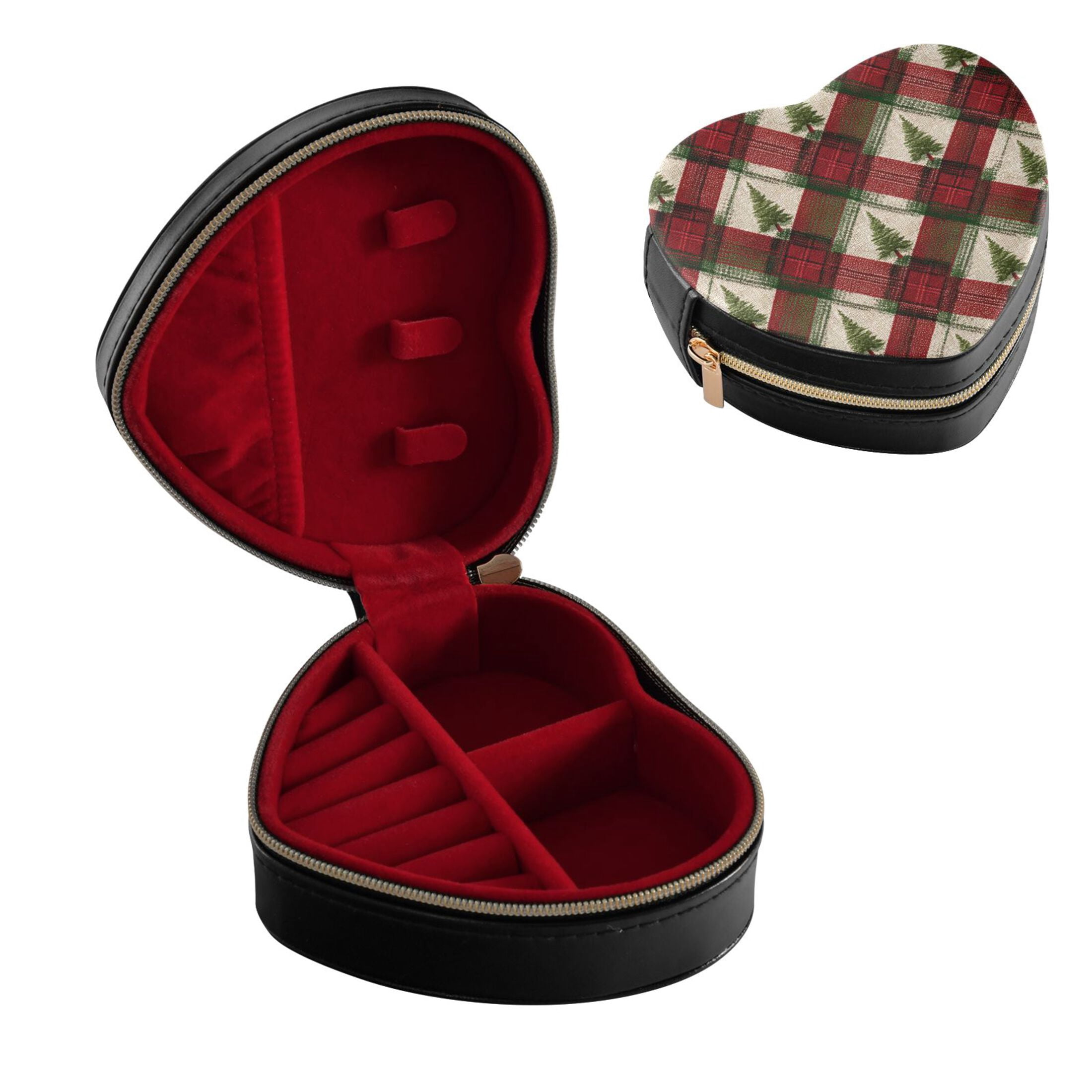 Red Plaids Beige Green Stripes Christmas Trees PU Leather Heart-shaped ...