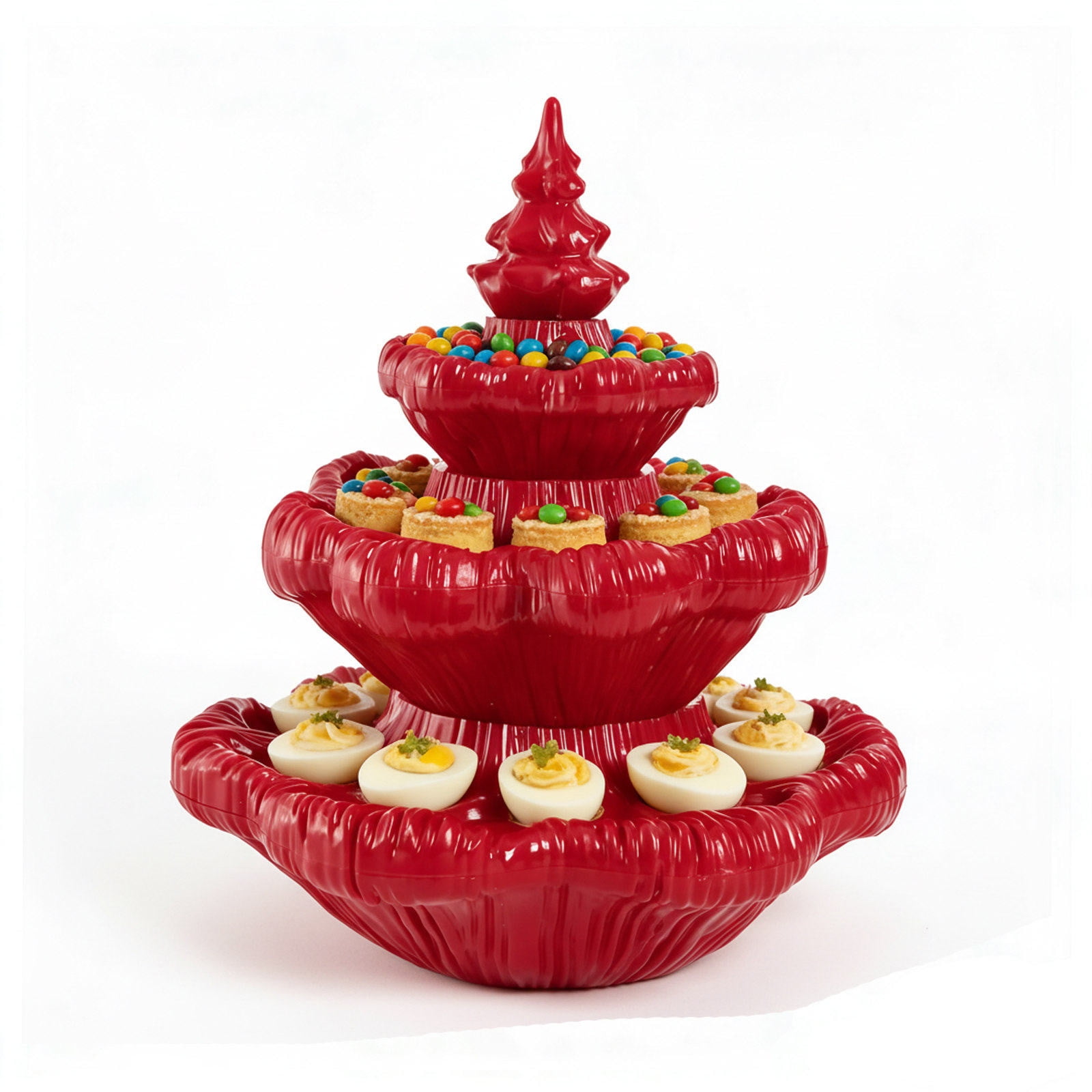 Red Plastic Deviled Egg Serving Tray With Lid In Festive Tree Shape For ...