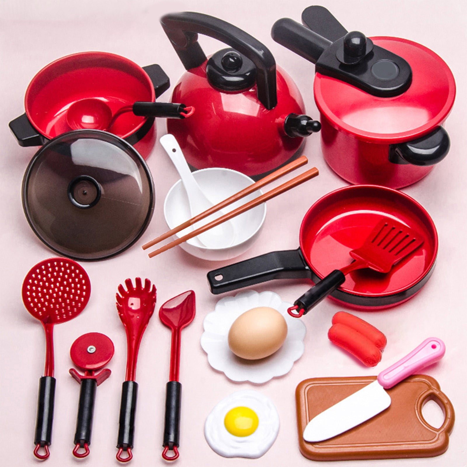 Red Plastic Kids Pretend Play Food Set with Cutting Fruit & Vegetables ...