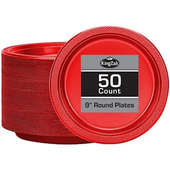 Red Plastic Plates, 9‑Inch Round, 50 Count – Disposable Heavy‑Duty ...