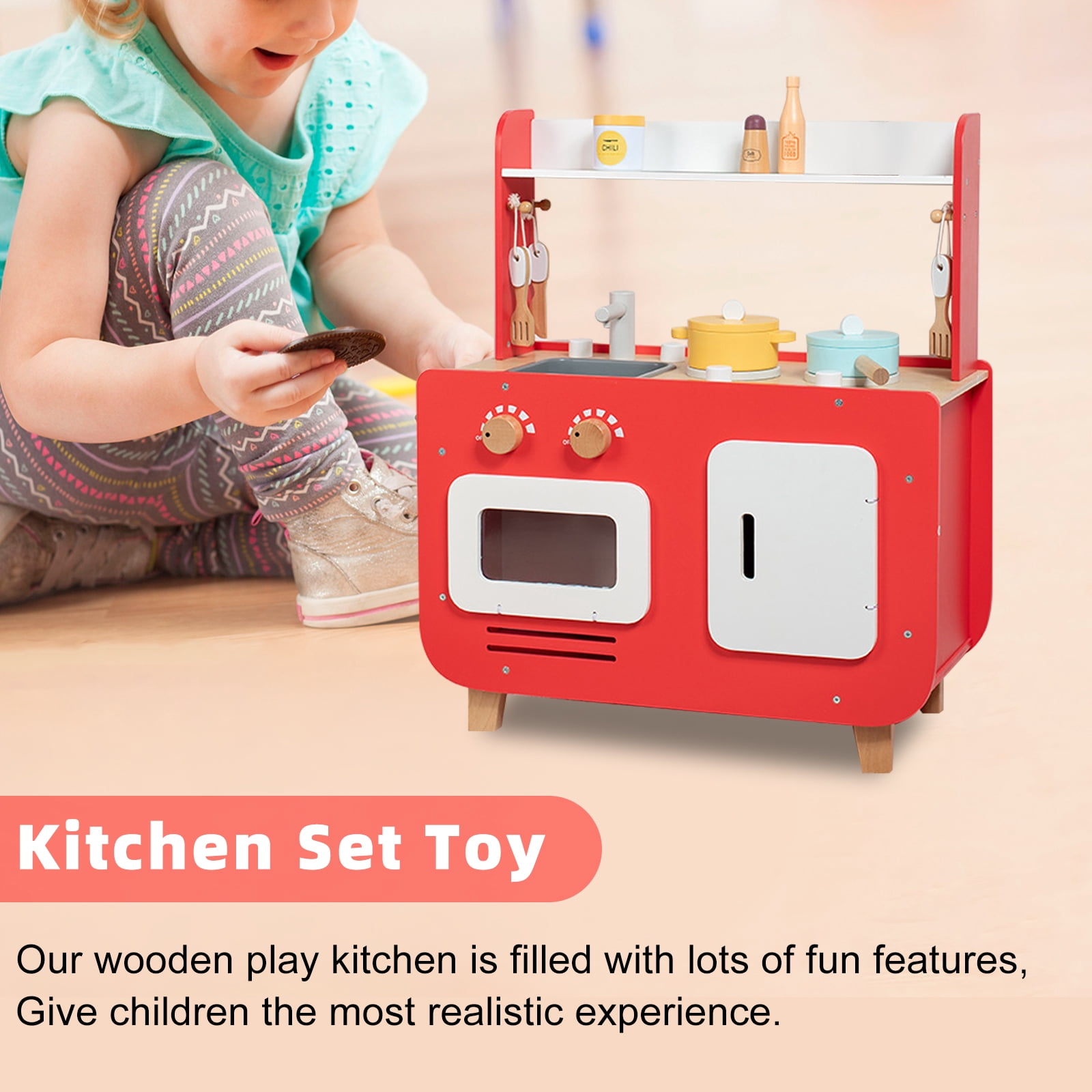 Red Play Kitchen Set Toy With Washing Machine And Oven Gift For Kid Age ...
