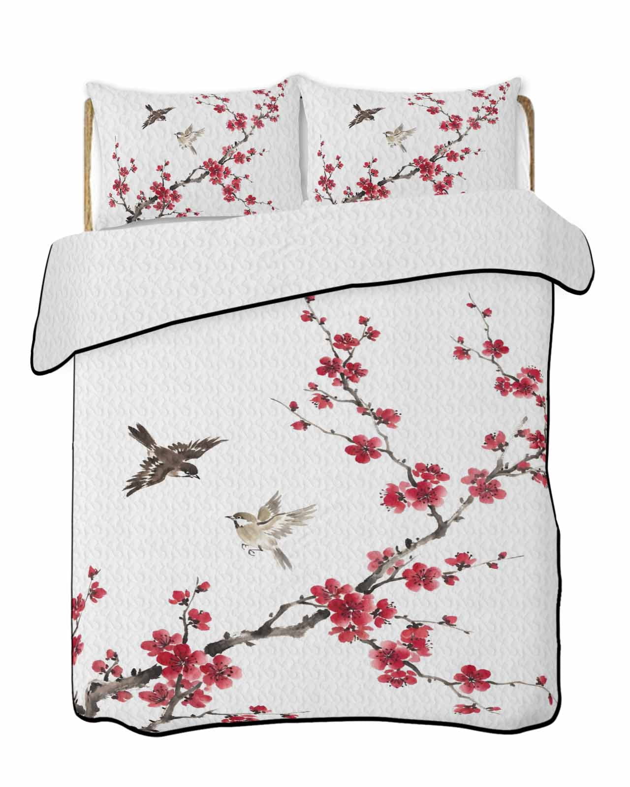 Red Plum Bossom Quilts Bedding Set Full Size Ink Painting Style Birds ...