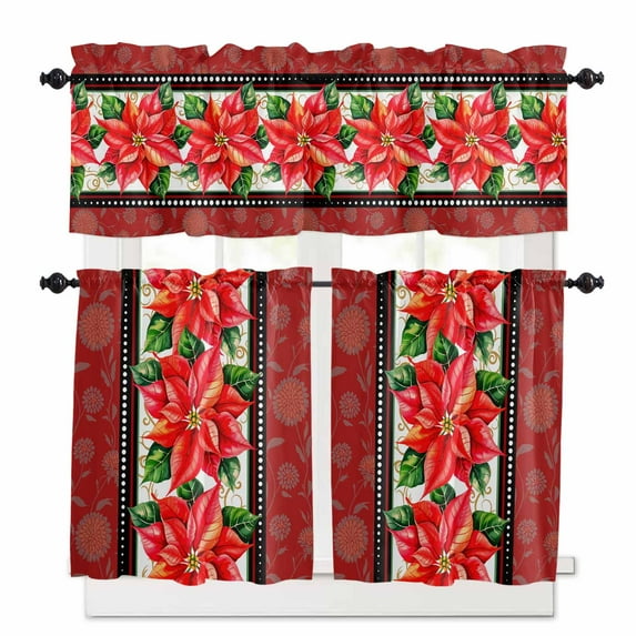 Red Poinsettia Christmas Flower Kitchen Curtains Valances and Tiers Set ...