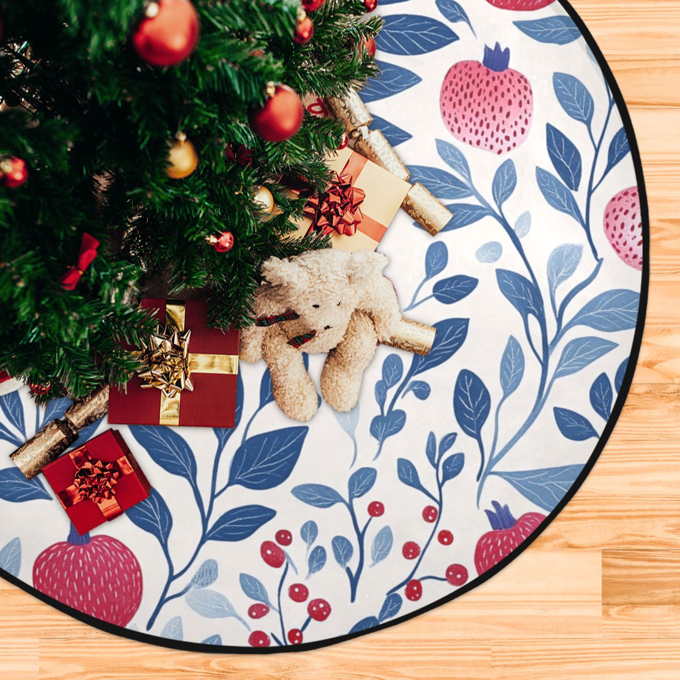 Red Pomegranate with Blue Leaves on White Background Christmas Tree ...