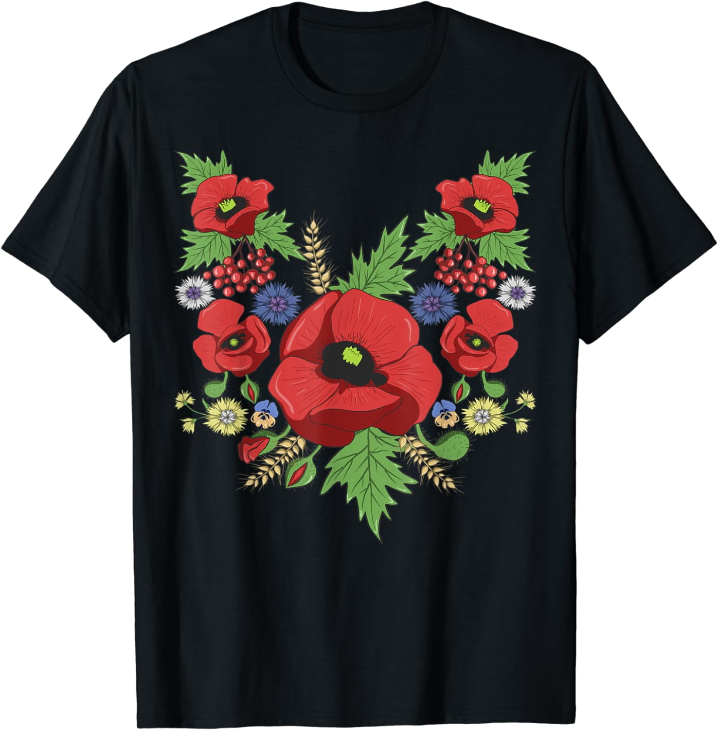 Red Poppies - Cute Floral Vintage Ukrainian Vyshyvanka Style T-Shirt ...