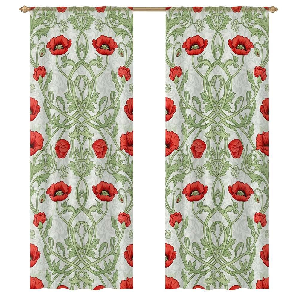 Red Poppies Elegant Floral Pattern Tulle Curtains For Living Room ...
