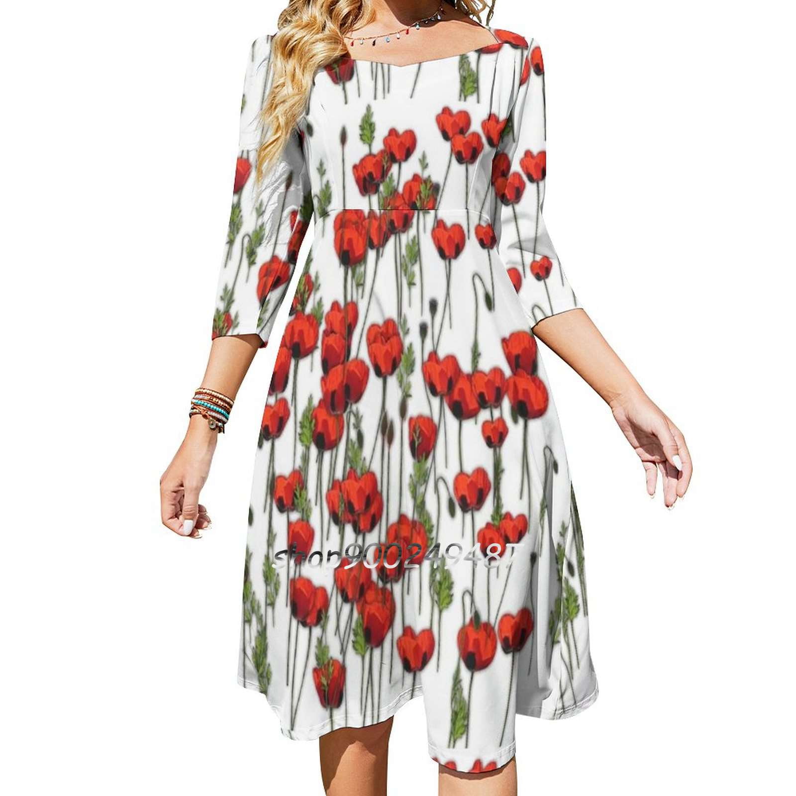 Red Poppies Evening Party Dresses Midi Sexy Dress Female Sweet One ...