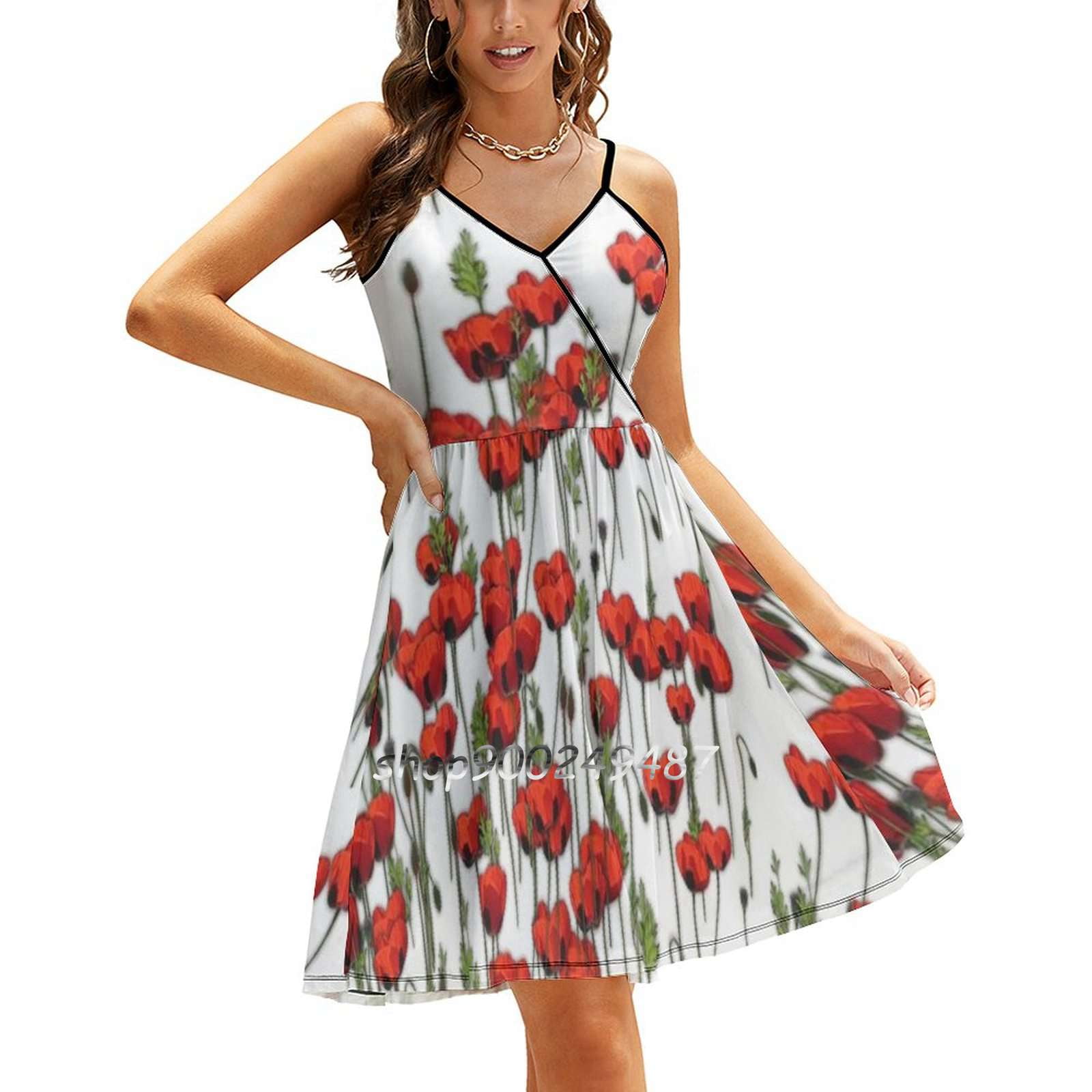Red Poppies Evening Party Dresses Midi Sexy Dress Female Sweet One ...