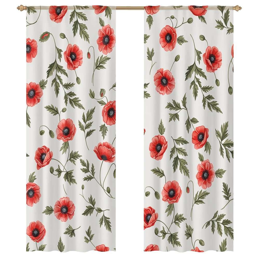 Red Poppies Floral Pattern Background Modern Tulle Window Curtains for ...