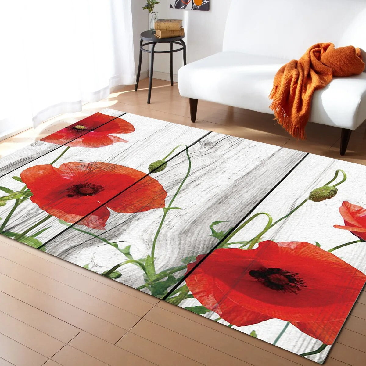 Red Poppies Flower Retro Wood Texture Carpet Area Rug Children's Room ...