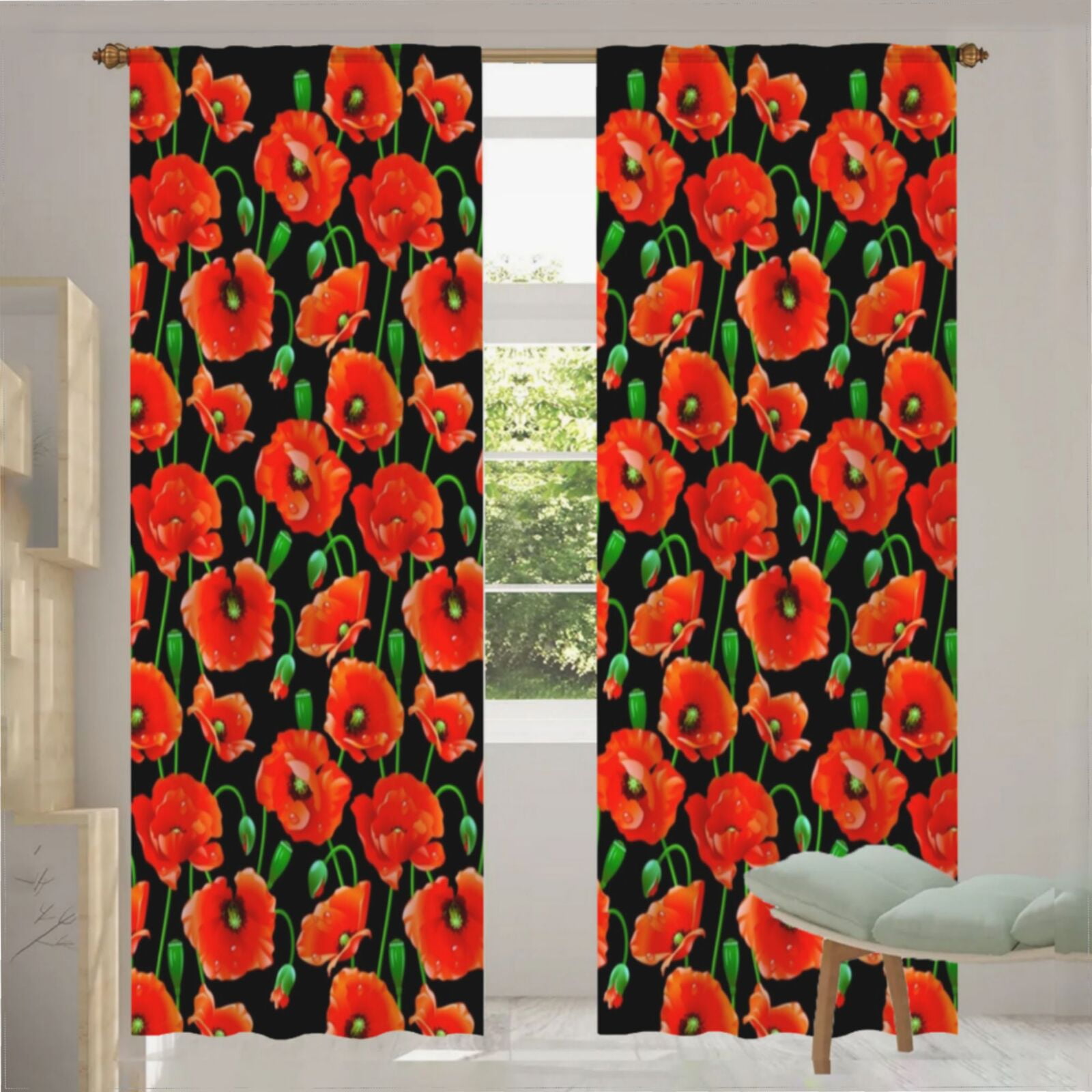 Red Poppies On Black Curtain For Living Room Bedroom Kitchen Window ...