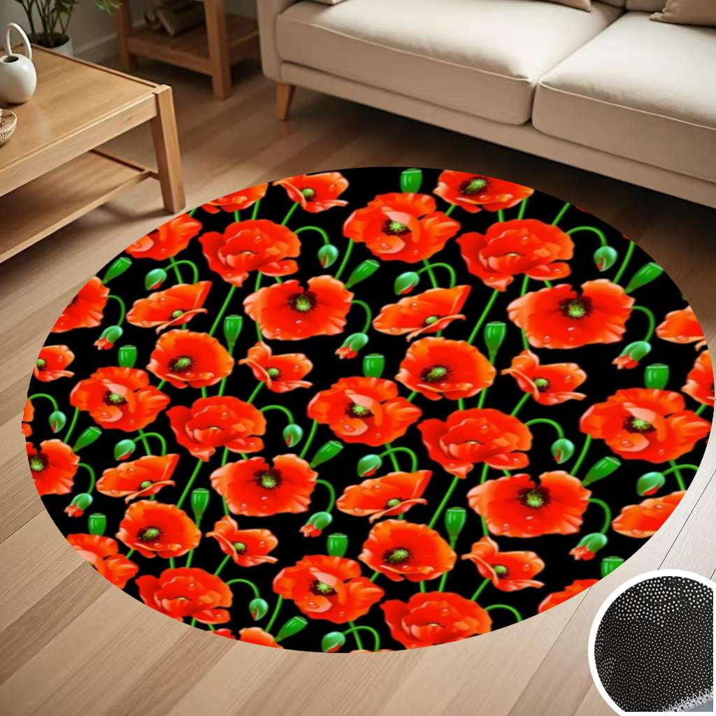 Red Poppies On Black Round Carpet Living Room Bedroom Home Decoration ...