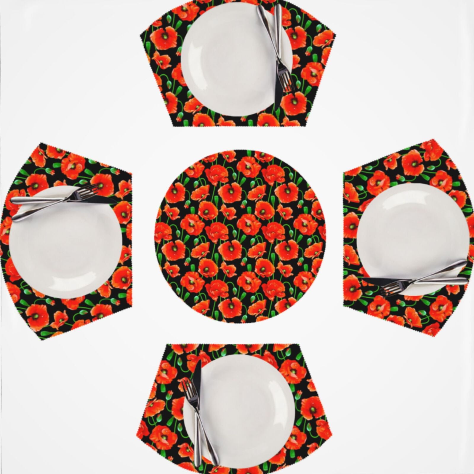 Red Poppies On Black Round Table Placemats Set Of 5 Wedge Table Mats ...