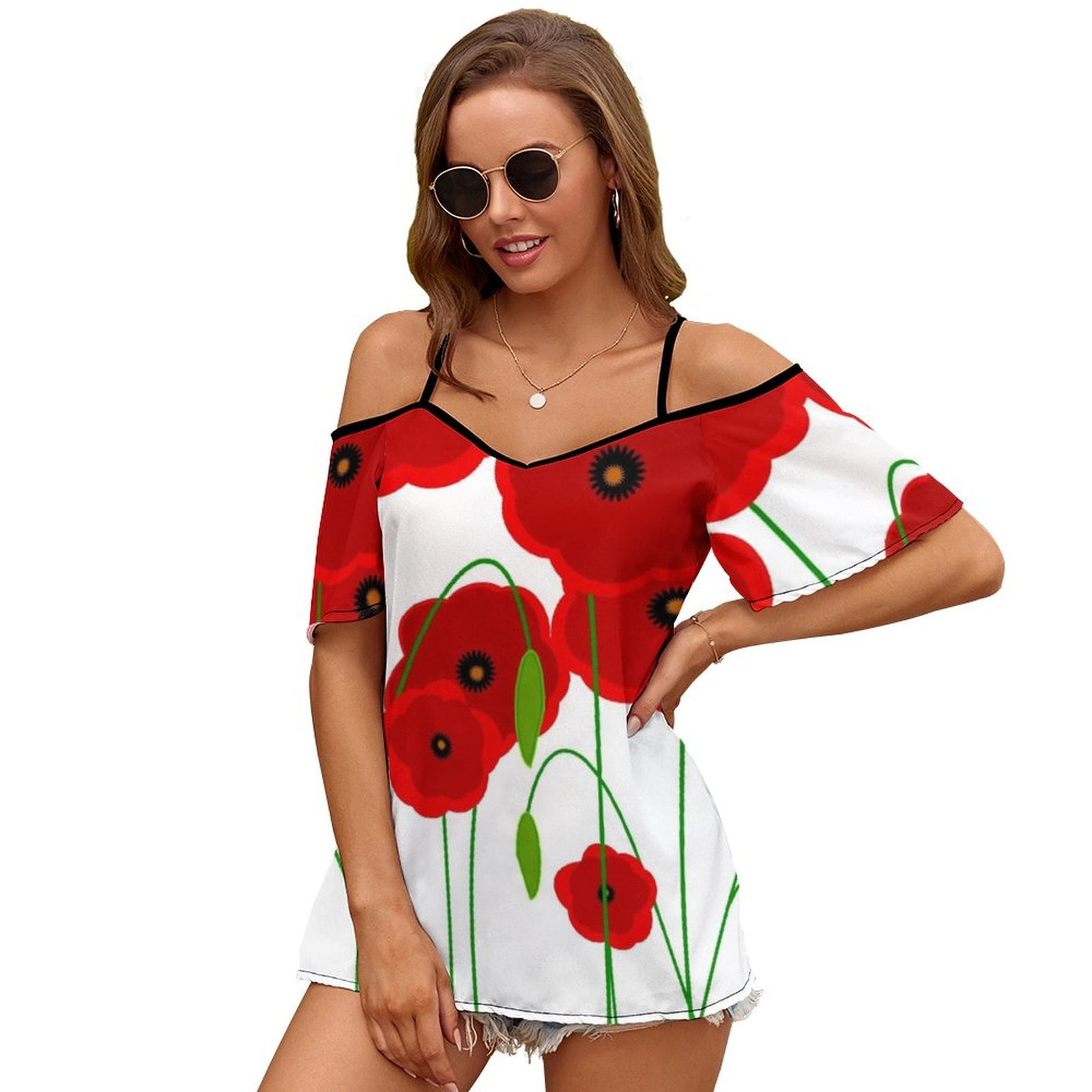 Red Poppies Print O-Neck Off-The-Shoulder Top Short-Sleeved T-Shirt ...
