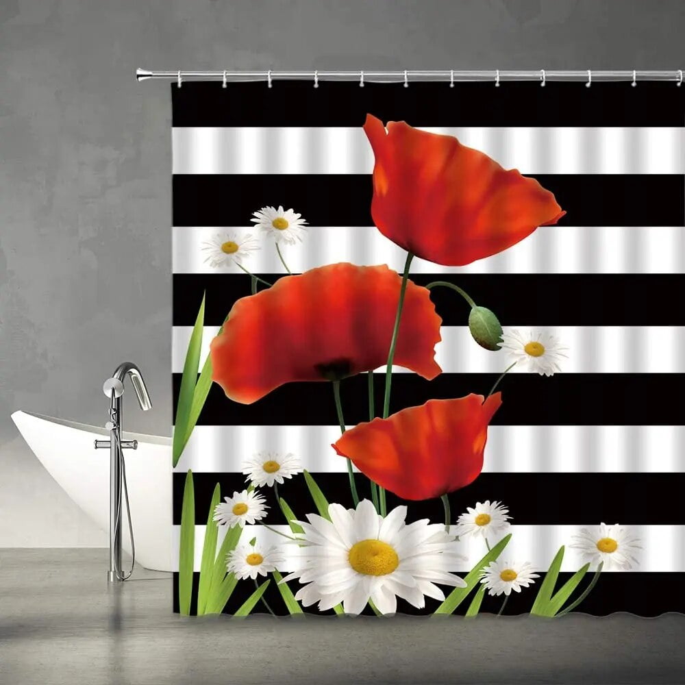 Red Poppies Shower Curtain White Daisy Floral Nature Rustic Flower