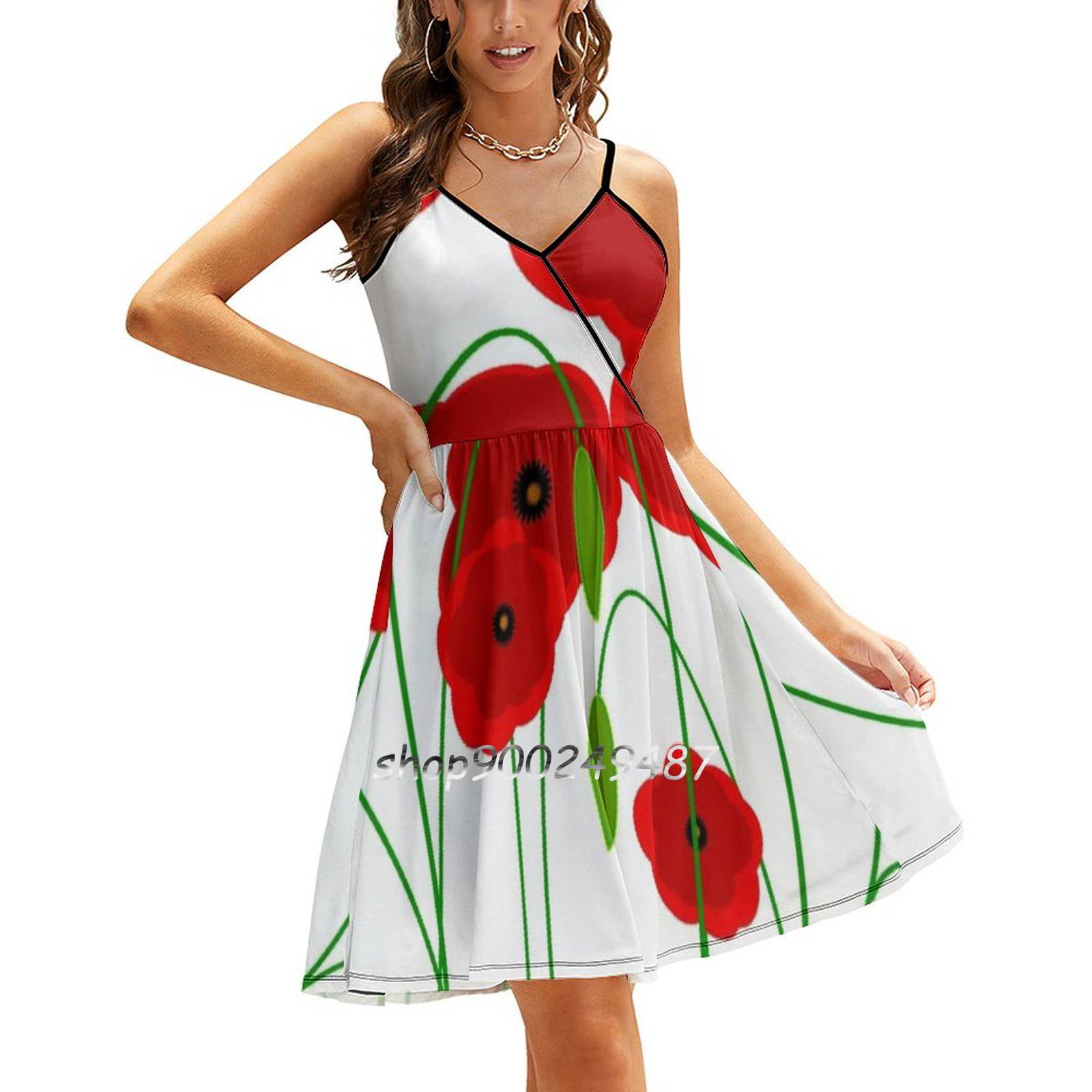 Red Poppies Square Neck Dress New Plus Size Elegant Women Waist Tight ...