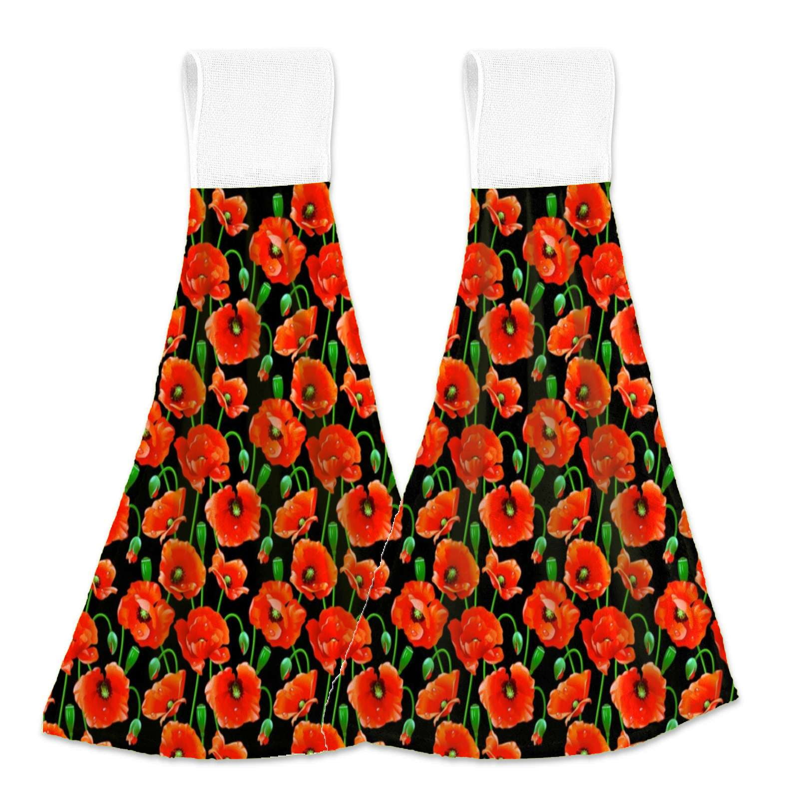 Red Poppies on Black Hanging Kitchen Hand Towels Sets with Loop Hand ...
