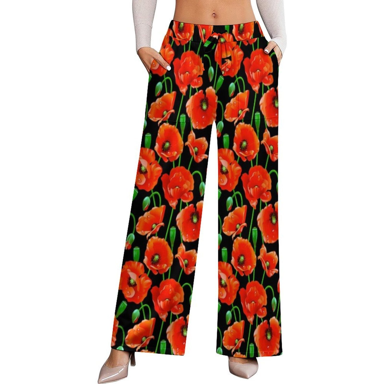 Red Poppies on Black Women's Casual Wide Leg Pants Comfort Pockets Elastic Waist Loose Fit Pants ...
