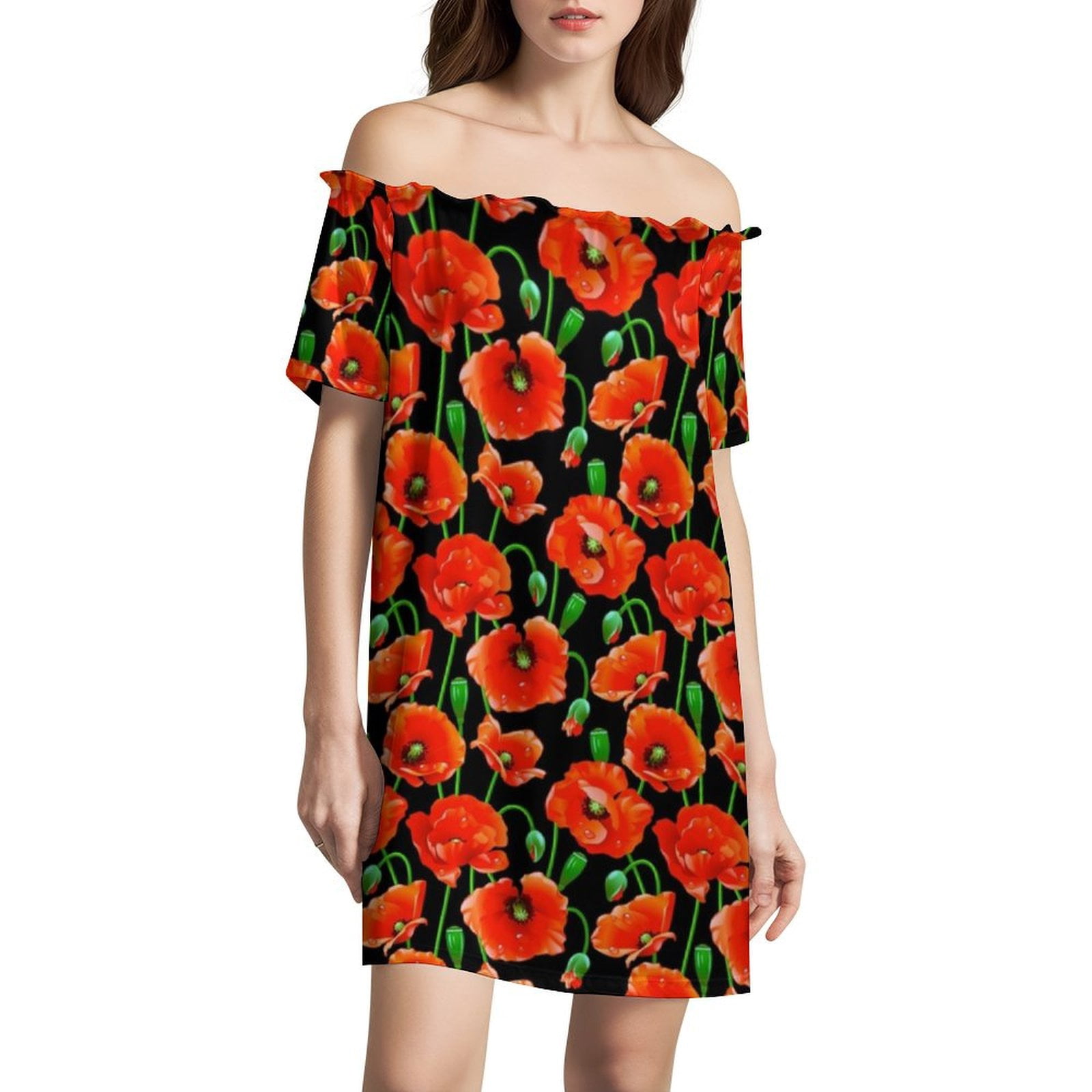 Red Poppies on Black Women's Summer Loose Dress Off Shoulder Short ...