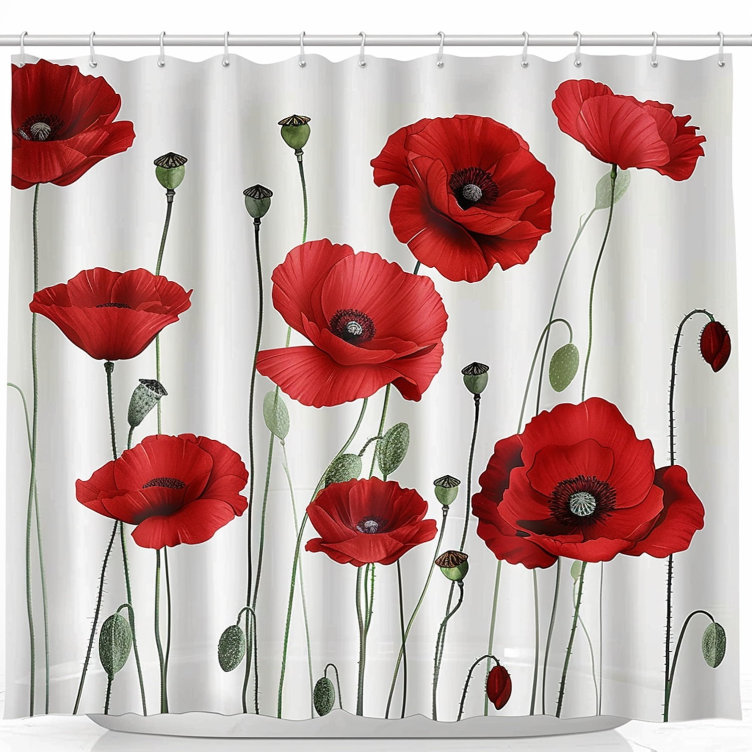 Red Poppies on White Background Shower Curtain 72x84 Bathroom Decor ...
