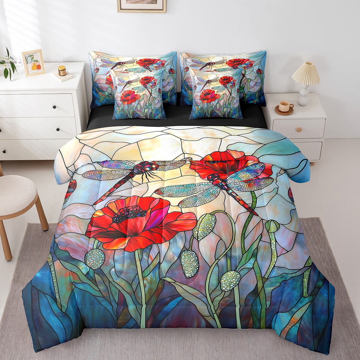 Red Poppy 7 Pieces Bedding Set Queen,Rustic Garden Red Flowers Dragonfly Bed in a Bag for Teens ...