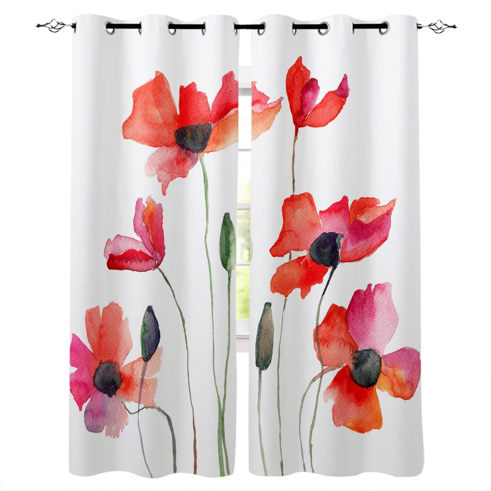 Red Poppy Board Grain Window Curtains Living Room Kitchen Curtains for ...