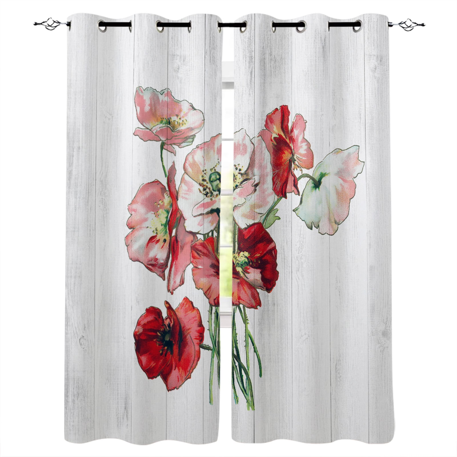 Red Poppy Board Grain Window Curtains Living Room Kitchen Curtains for ...