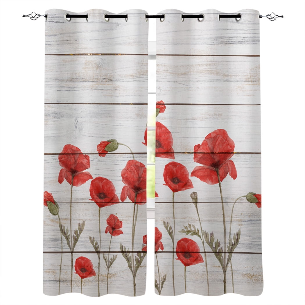Red Poppy Board Grain Window Curtains Living Room Kitchen Curtains for ...