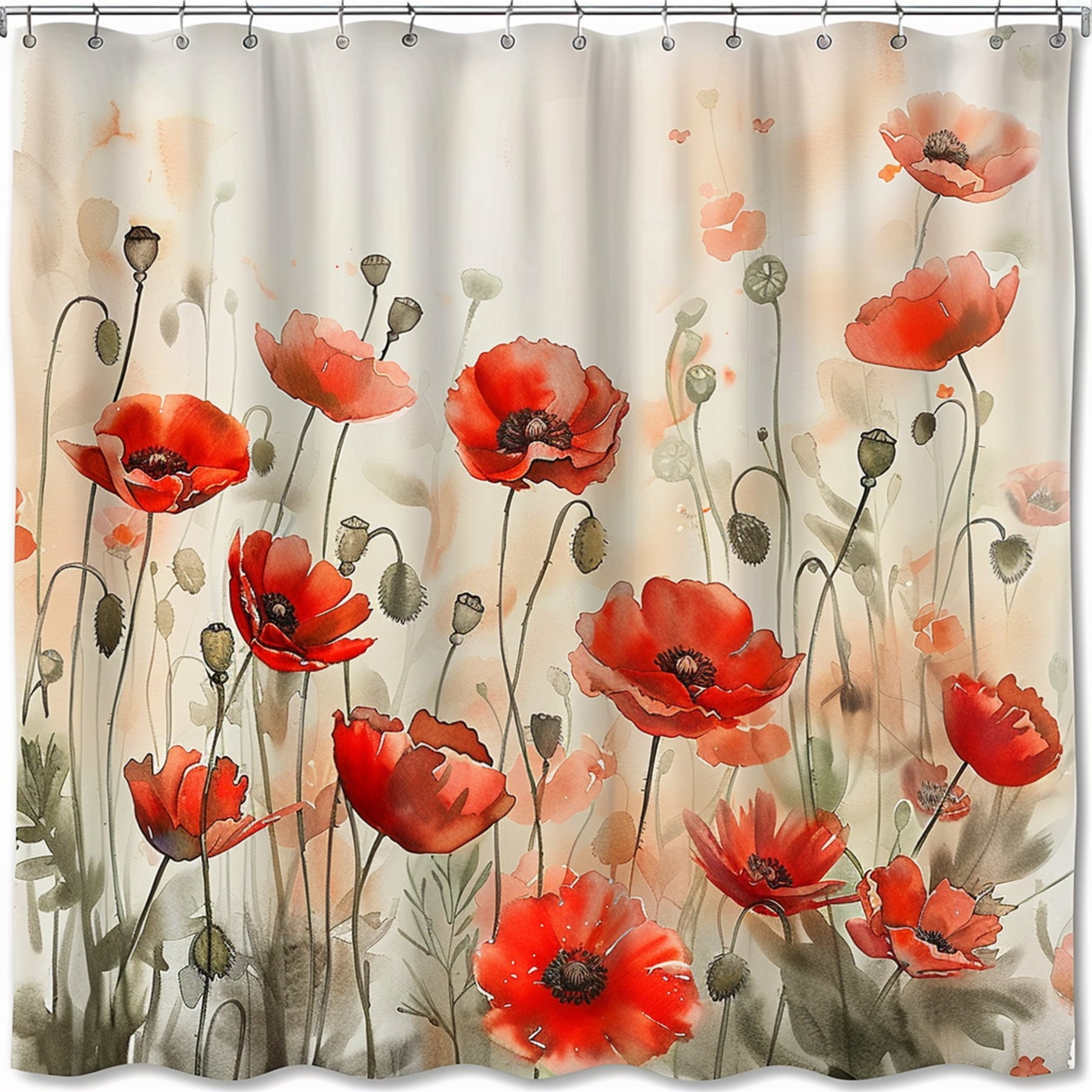 Red Poppy Field Shower Curtain Floral Bathroom Decor With Watercolor