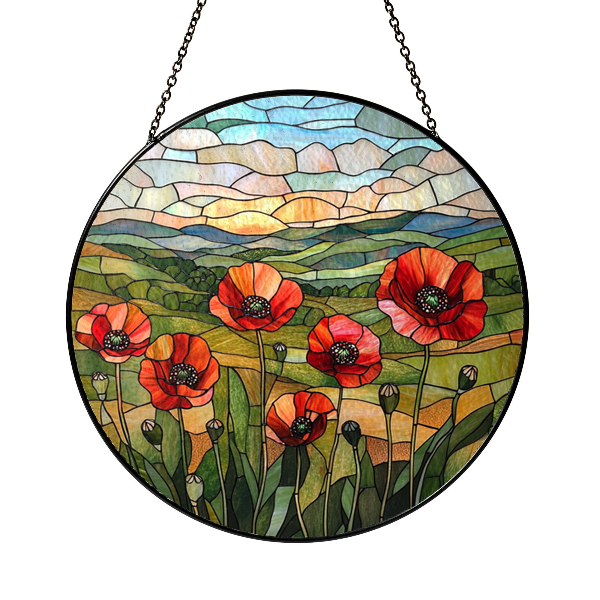 Red Poppy Field Stained Glass Suncatcher, Wildflower Landscape Window ...