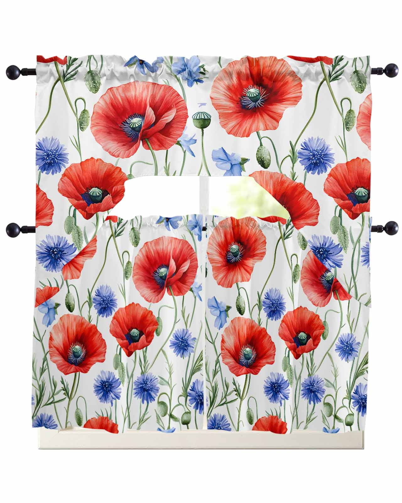 Red Poppy Floral Kitchen Curtains Swag Valance and Tier Curtains Set 36 ...