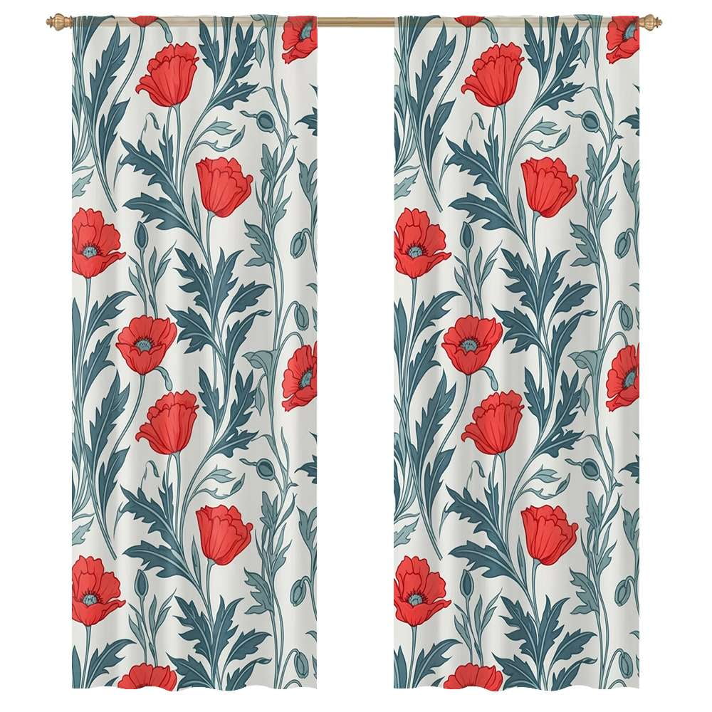 Red Poppy Floral Pattern Sheer Voile Curtain Window Tulle Curtains For ...